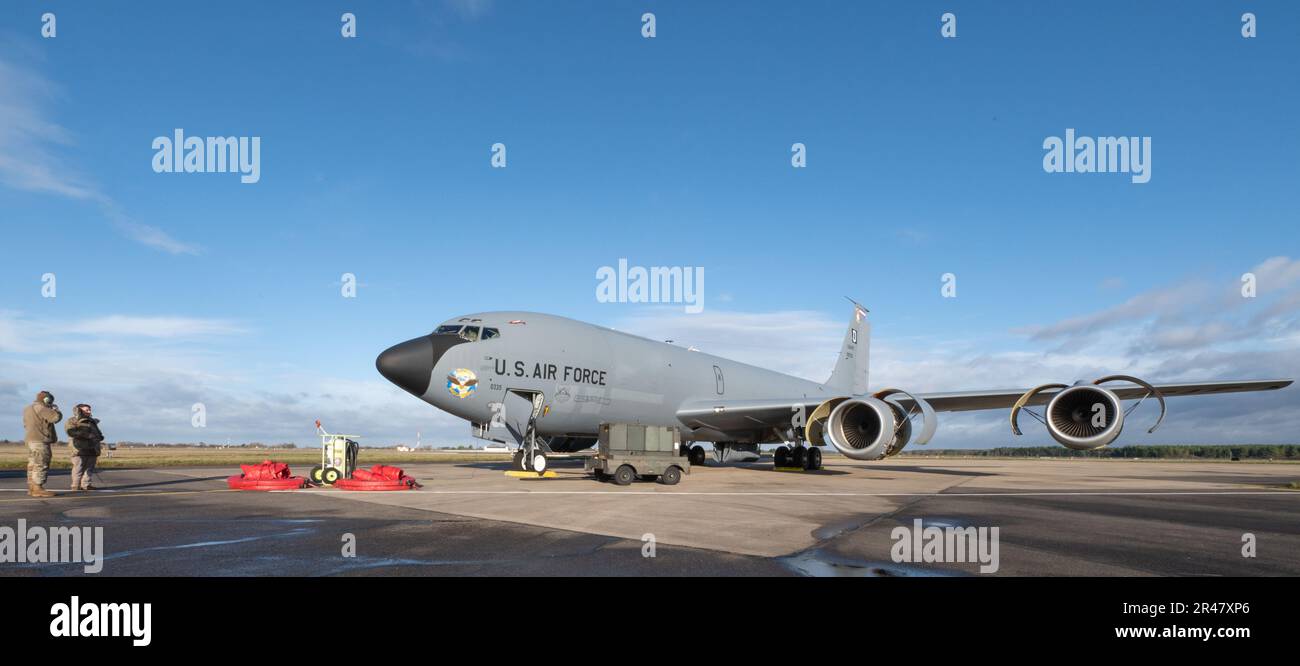A U.S. Air Force KC-135 Stratotanker aircraft assigned to the 100th Air Refueling Wing undergoes ...