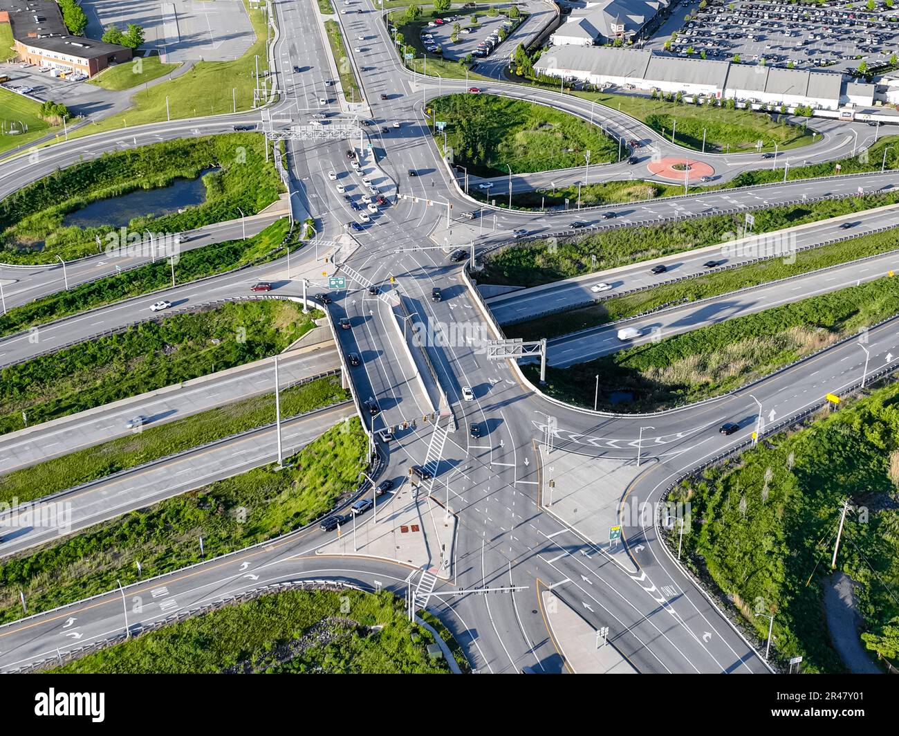 Aerial, drone, afternoon photo of a diverging diamond interchange (DDI ...
