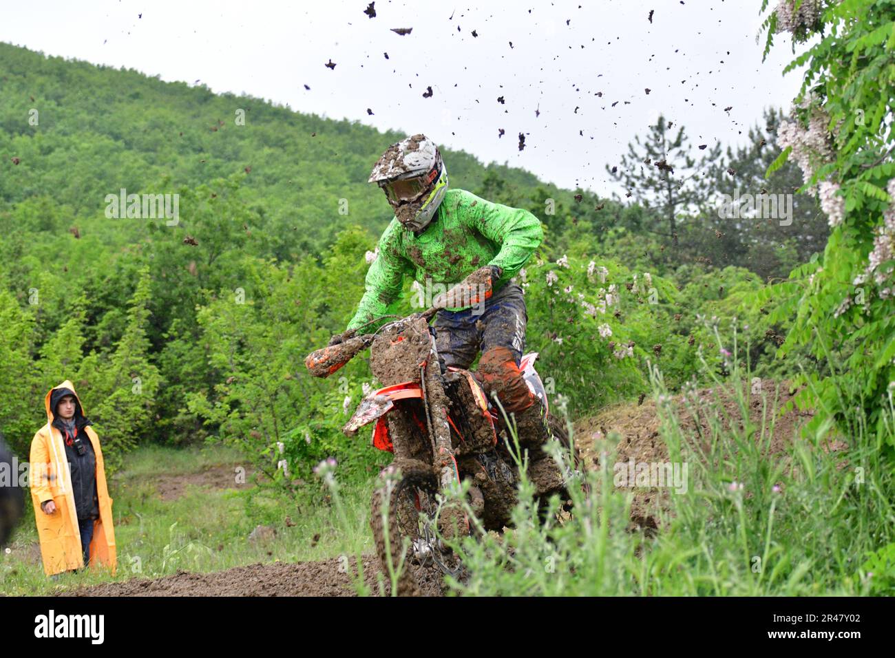 Orman, Macedonia, May 14 2023. In rainy weather and a muddy track ...