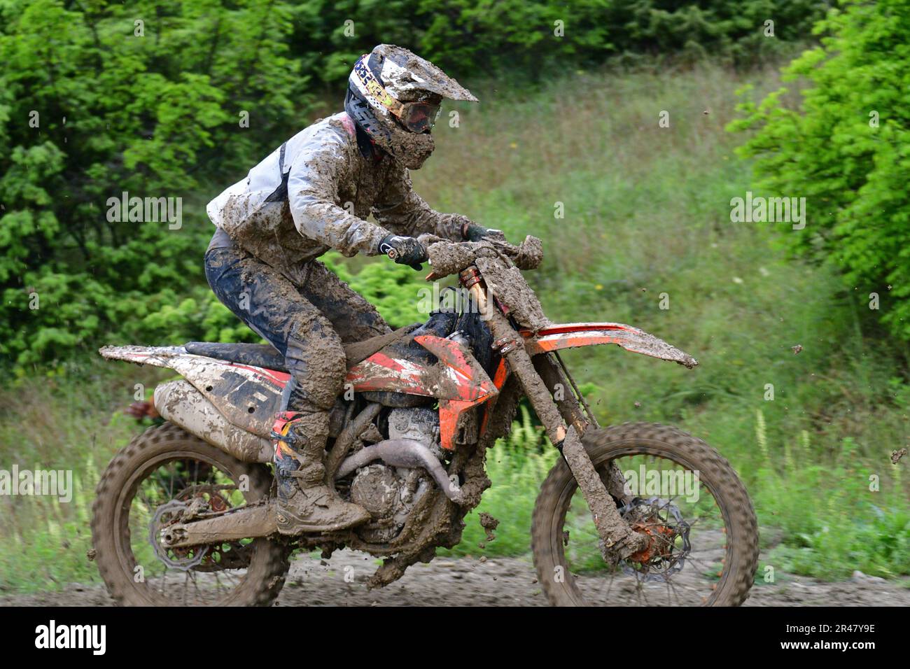 Orman, Macedonia, May 14 2023. In rainy weather and a muddy track ...