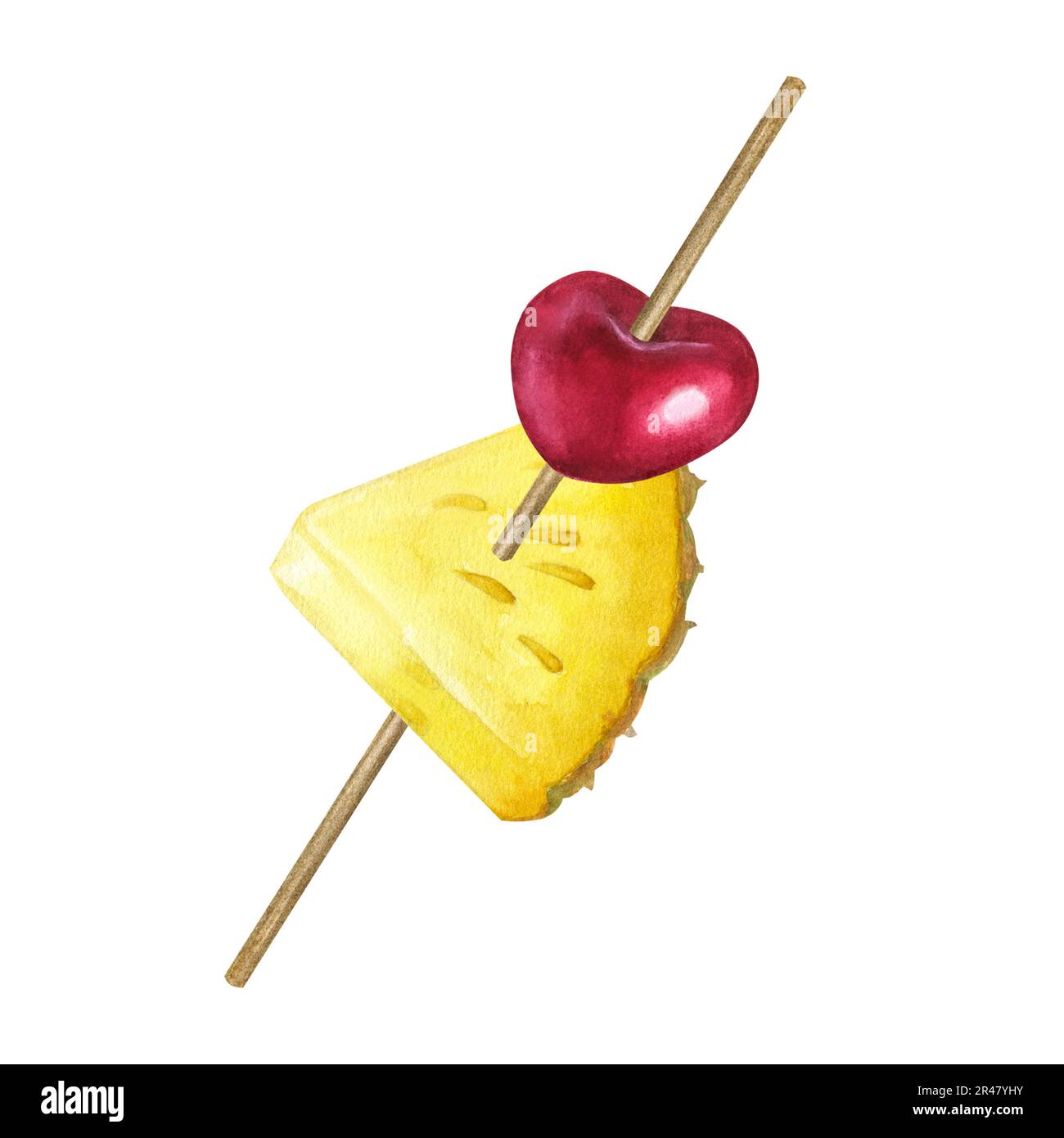 Cocktail dessert, fruit canape on a wooden stick pineapple cherry. Hand ...