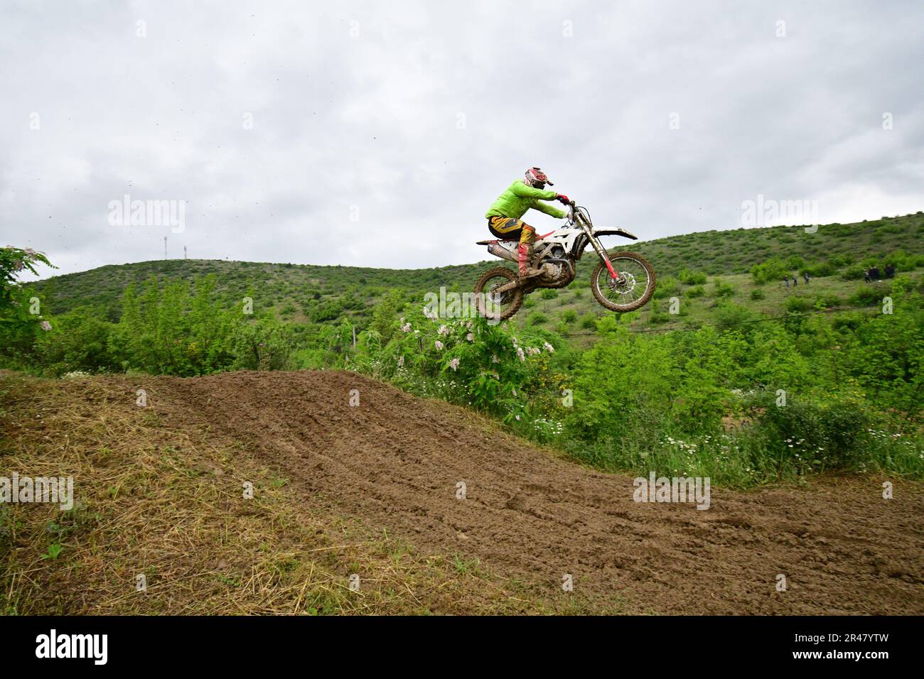 Orman, Macedonia, May 14 2023. In rainy weather and a muddy track ...