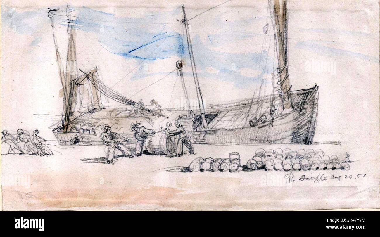 Unloading barrels from a ship at Dieppe by George Hayter 1851 Stock ...