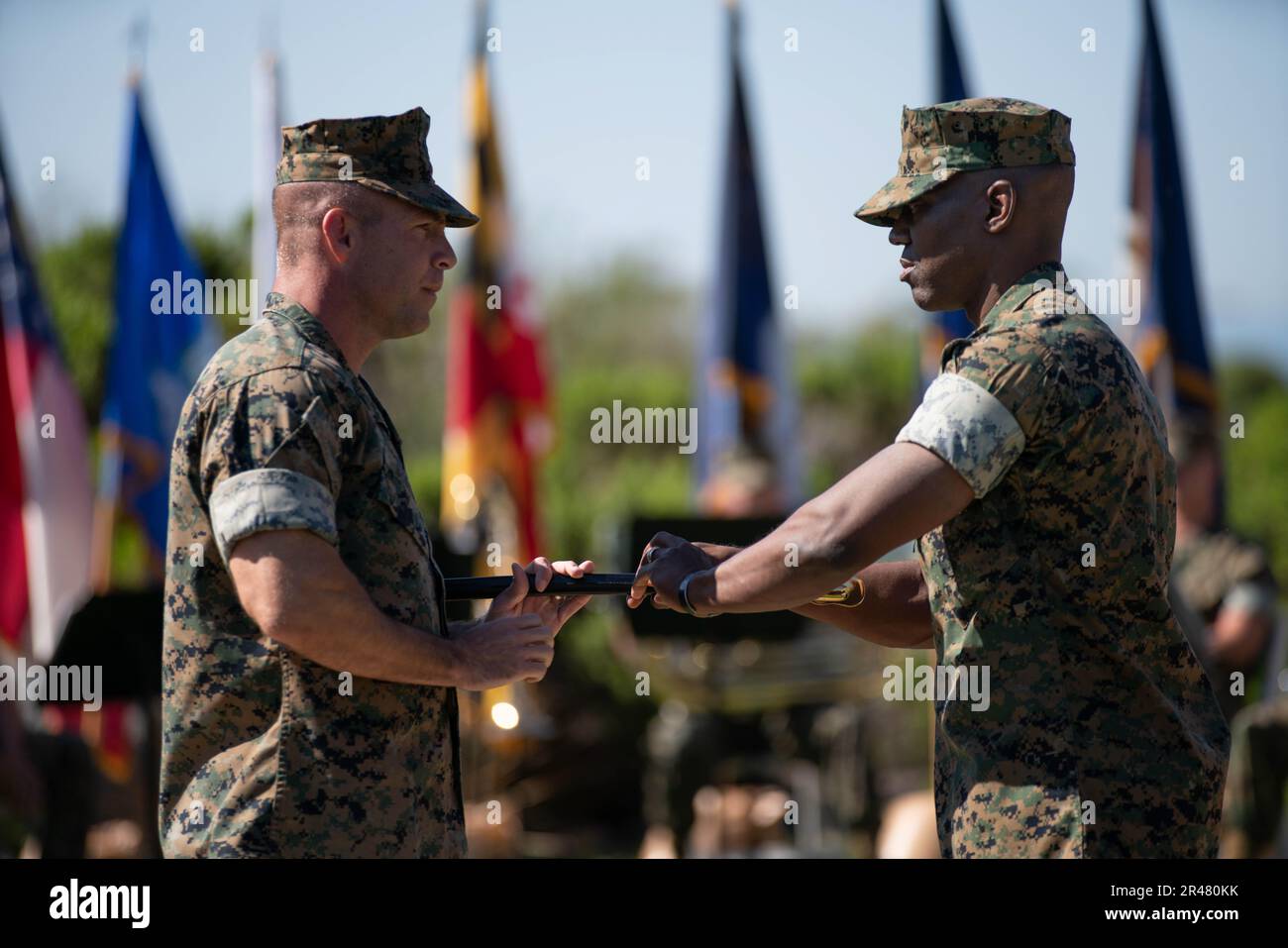 U.S. Marine Corps Sgt. Maj. Oranjel Leavy, right, the outgoing sergeant ...