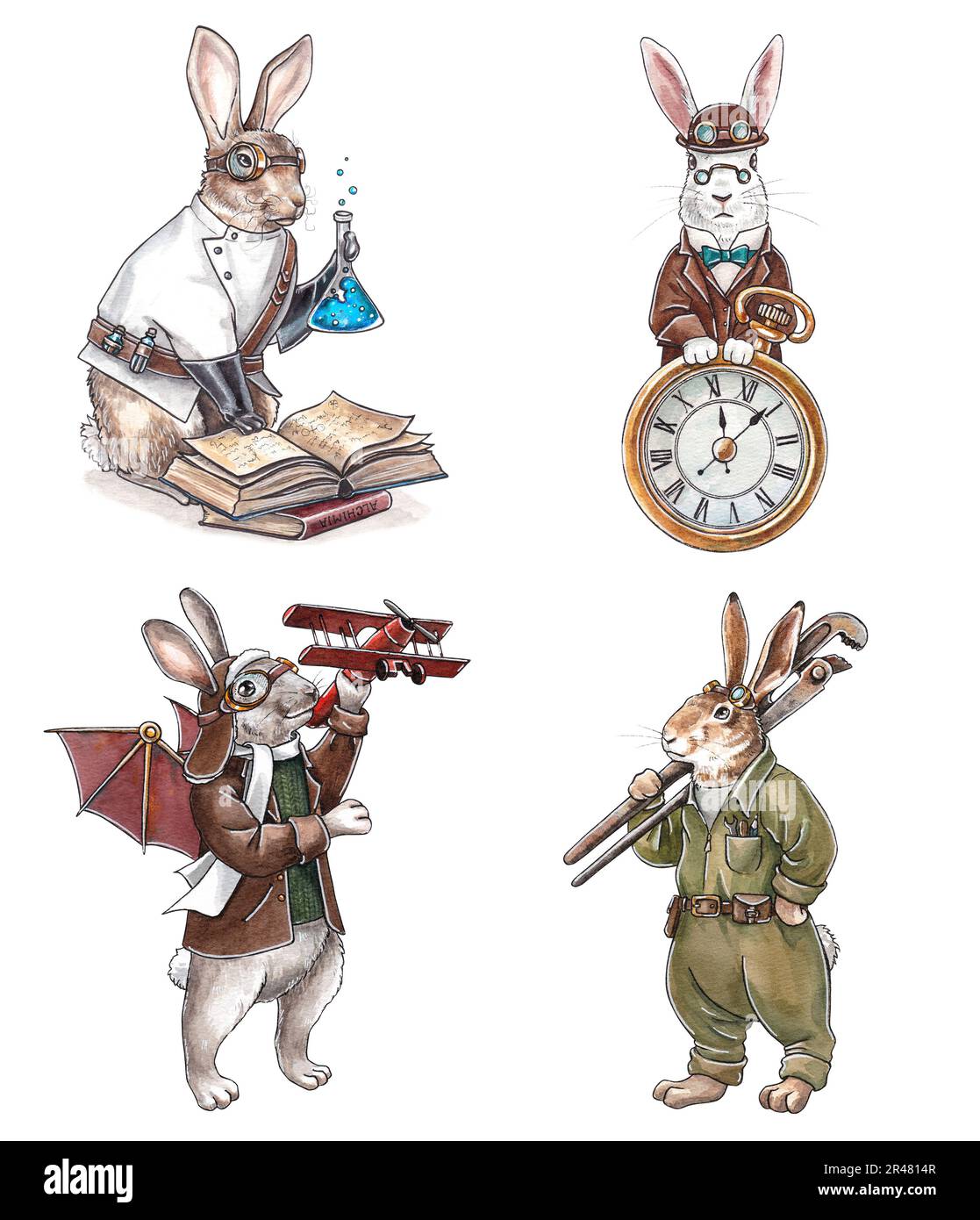 Set of cute hares in costumes isolated on white background. Watercolor ...
