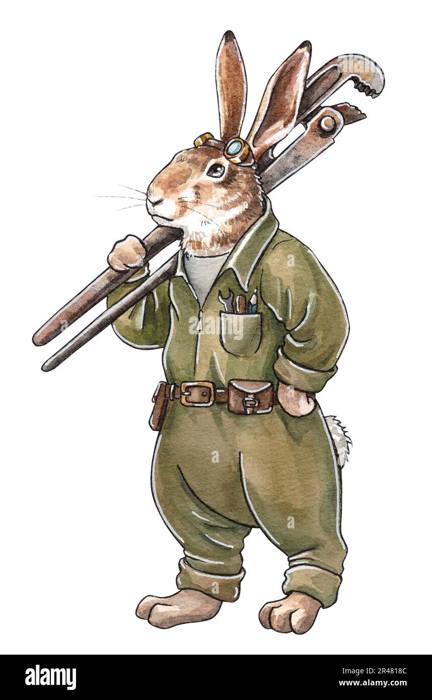 Rabbit mechanic in steampunk style. Watercolor hand drawn illustration ...