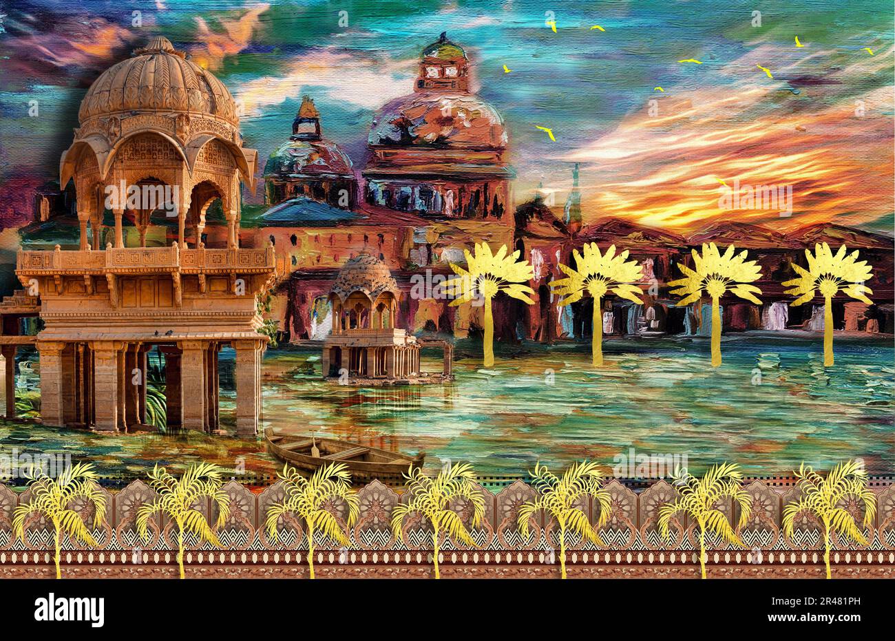 An illustration of a vibrant painting depicting a sun-soaked courtyard ...