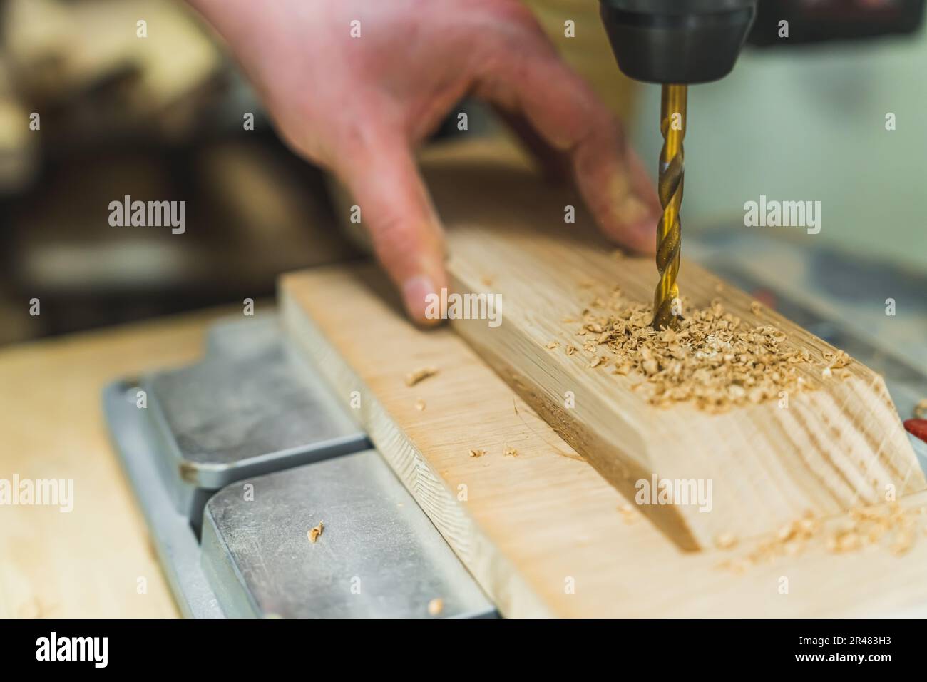 Carpenter using drill machine to drill hole on wooden plank placed on ...