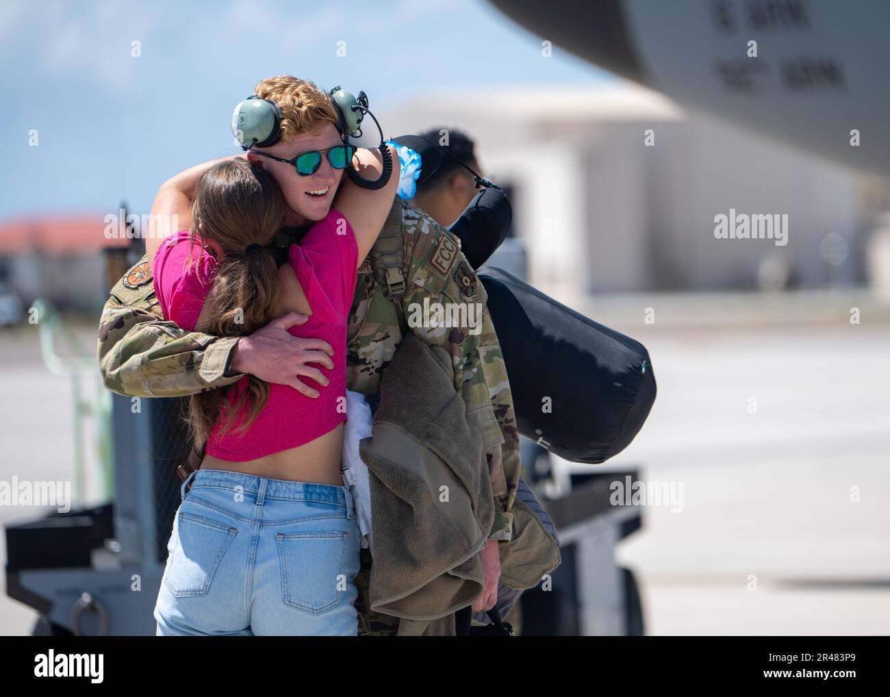 A U.S. Air Force Airman assigned to the 6th Air Refueling Wing, meets ...