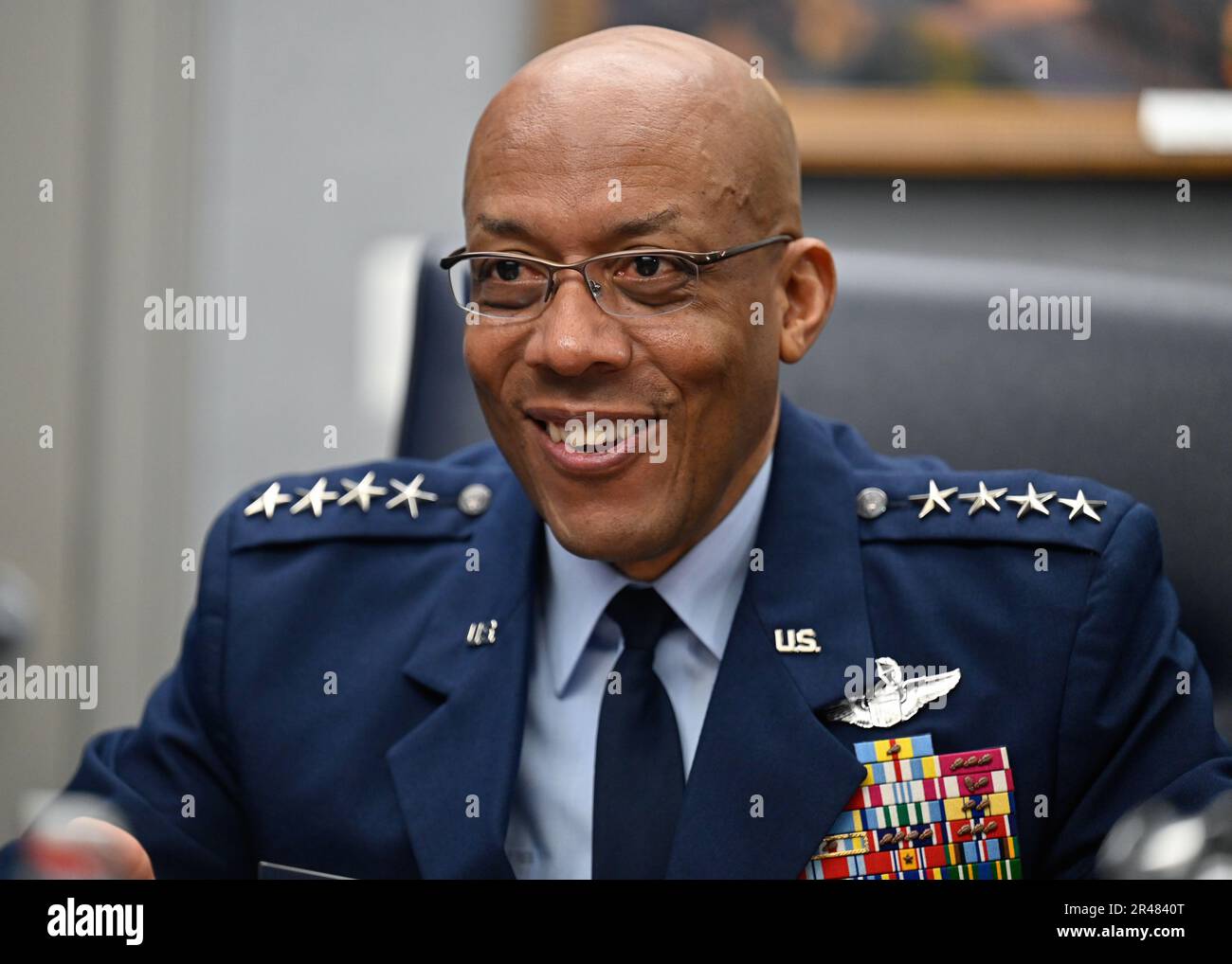 Air Force Chief of Staff Gen. CQ Brown, Jr. speaks with Lt. Gen. Dennis ...