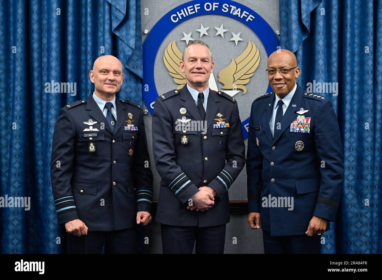 Air Force Chief of Staff Gen. CQ Brown, Jr., right, poses with Lt. Gen ...