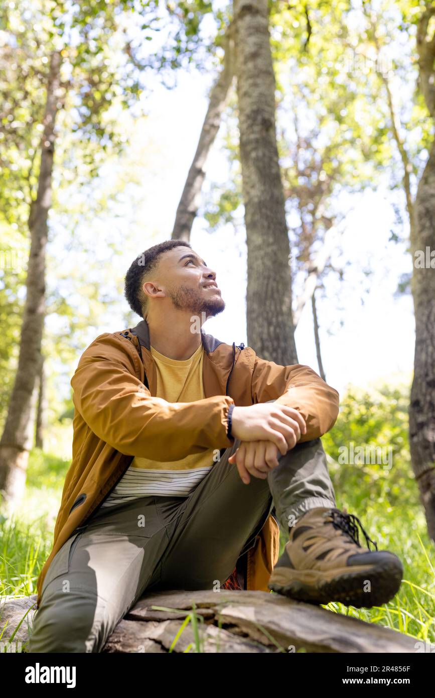 Happy biracial man sitting on tree trunk and looking away in forest ...