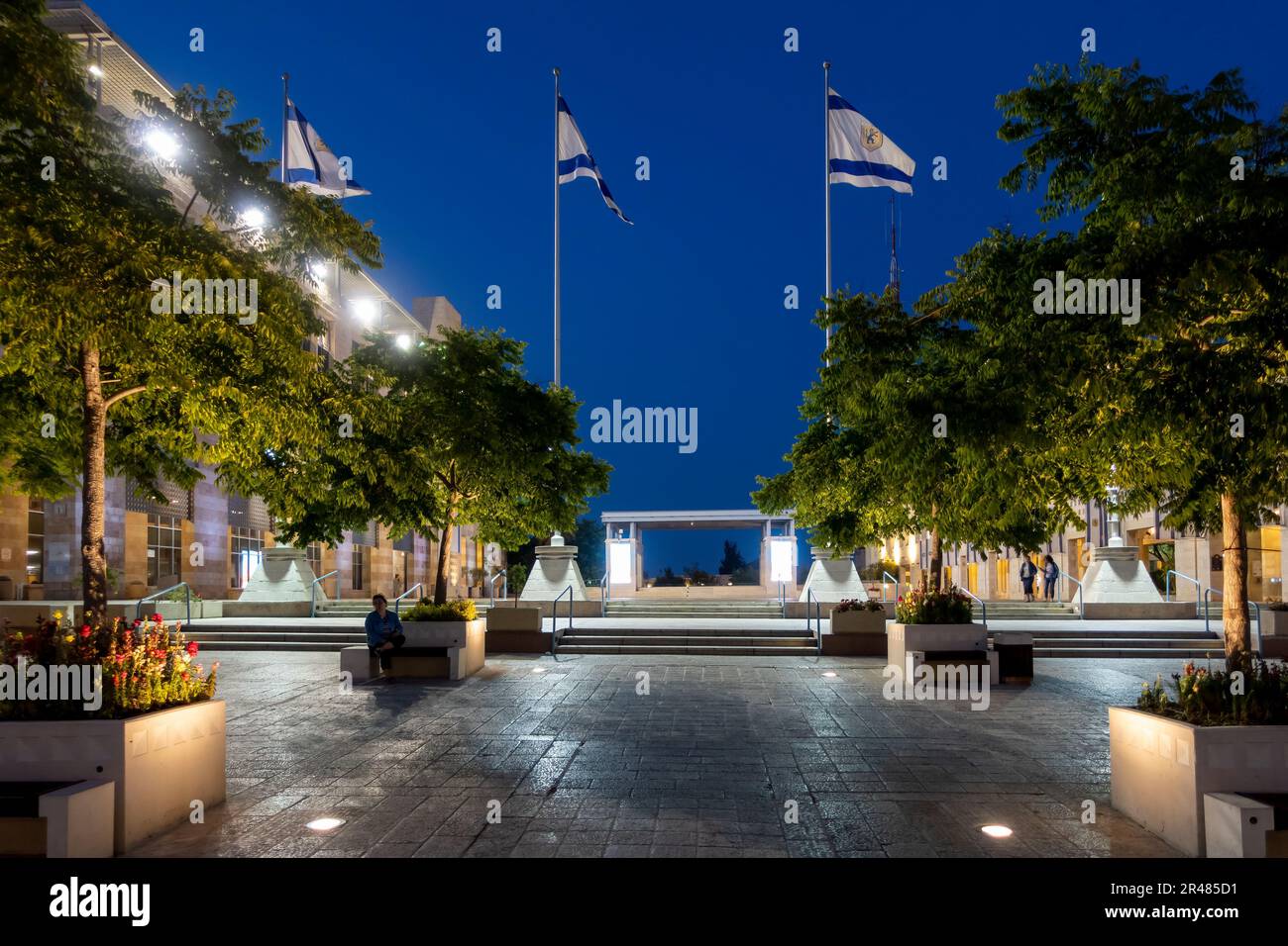 View at twilight of the plaza of the Jerusalem city hall in Safra ...