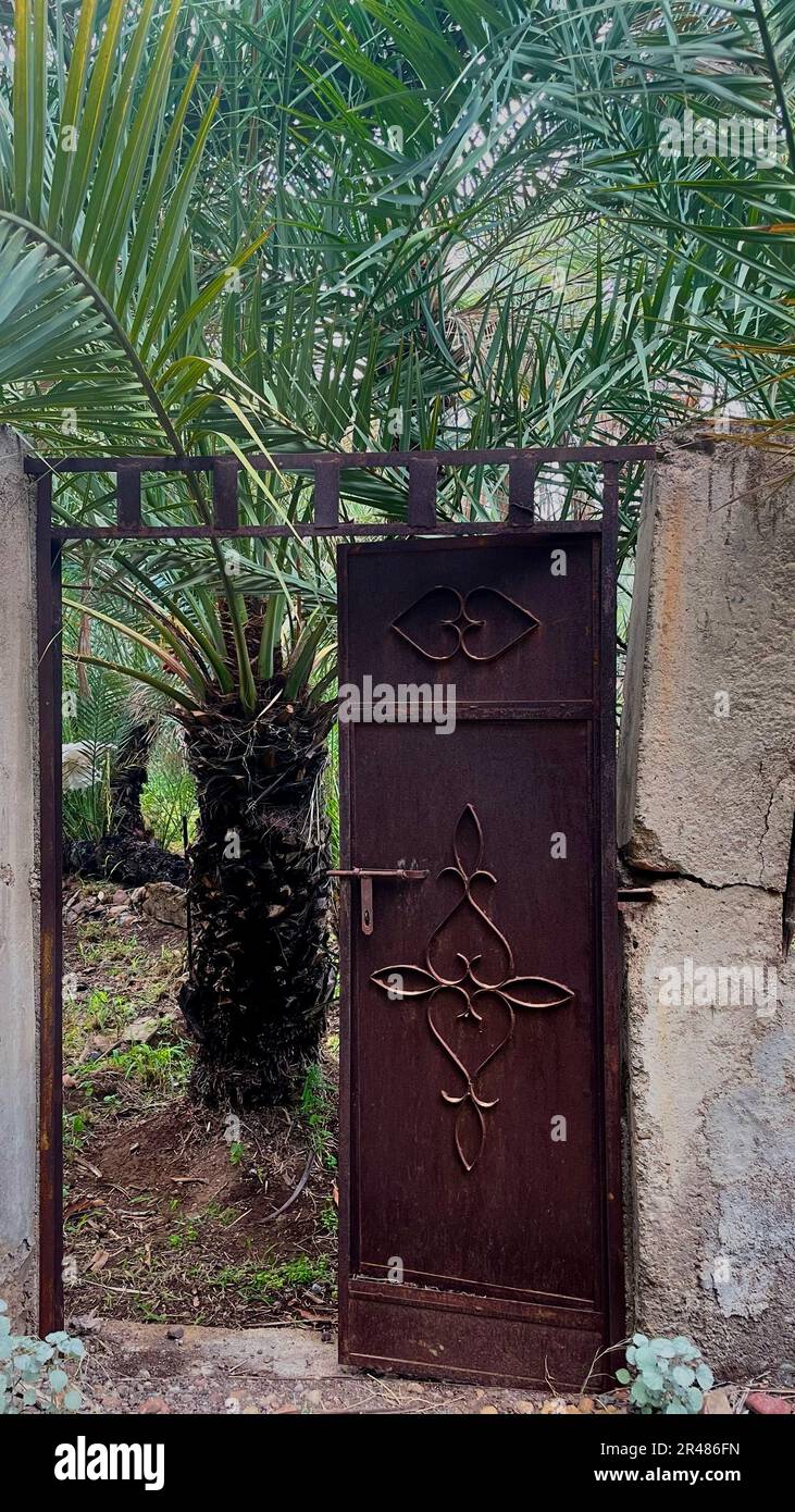 A weathered, wooden gate situated against a stone wall, adorned with ...