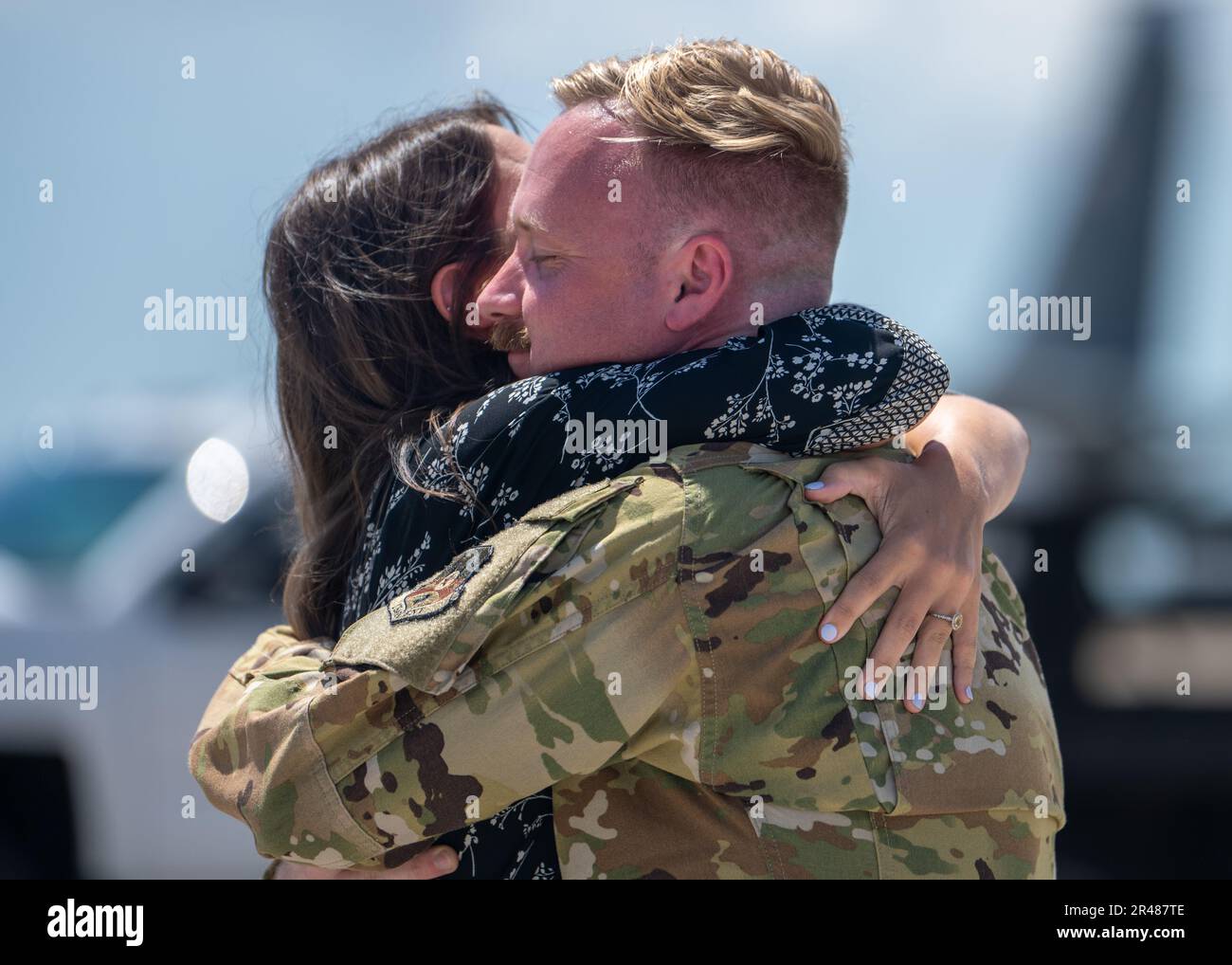 A U.S. Air Force Airman assigned to the 6th Air Refueling Wing, meets ...