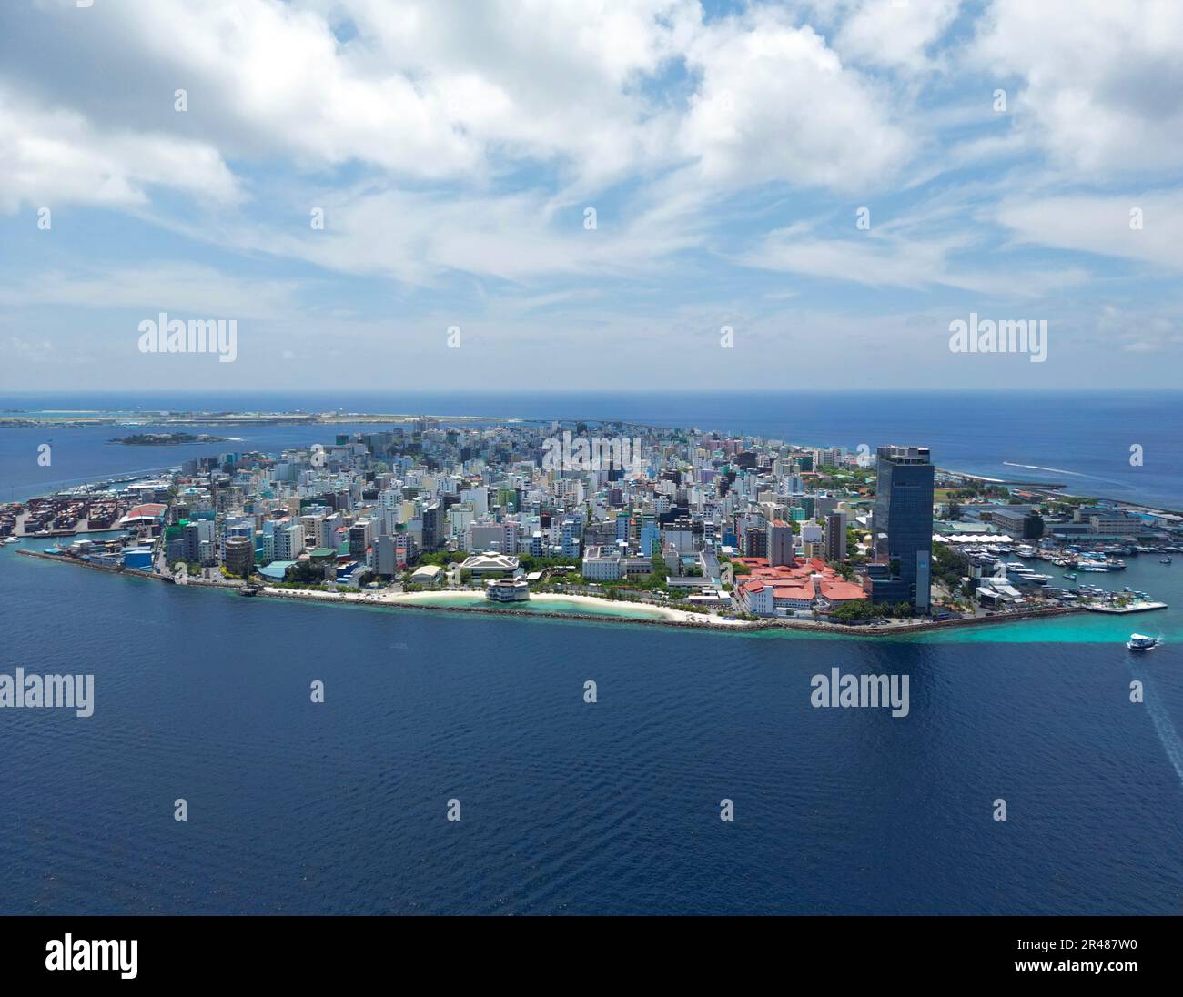 Aerial photo taken from drone of the western side of Male City, the ...
