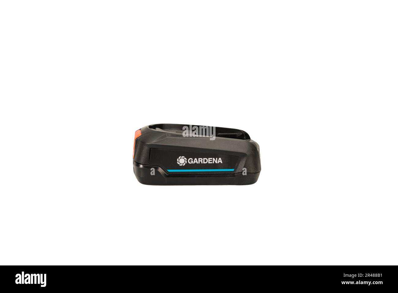 Close-up view of Gardena battery for electric hedge trimmer isolated on ...