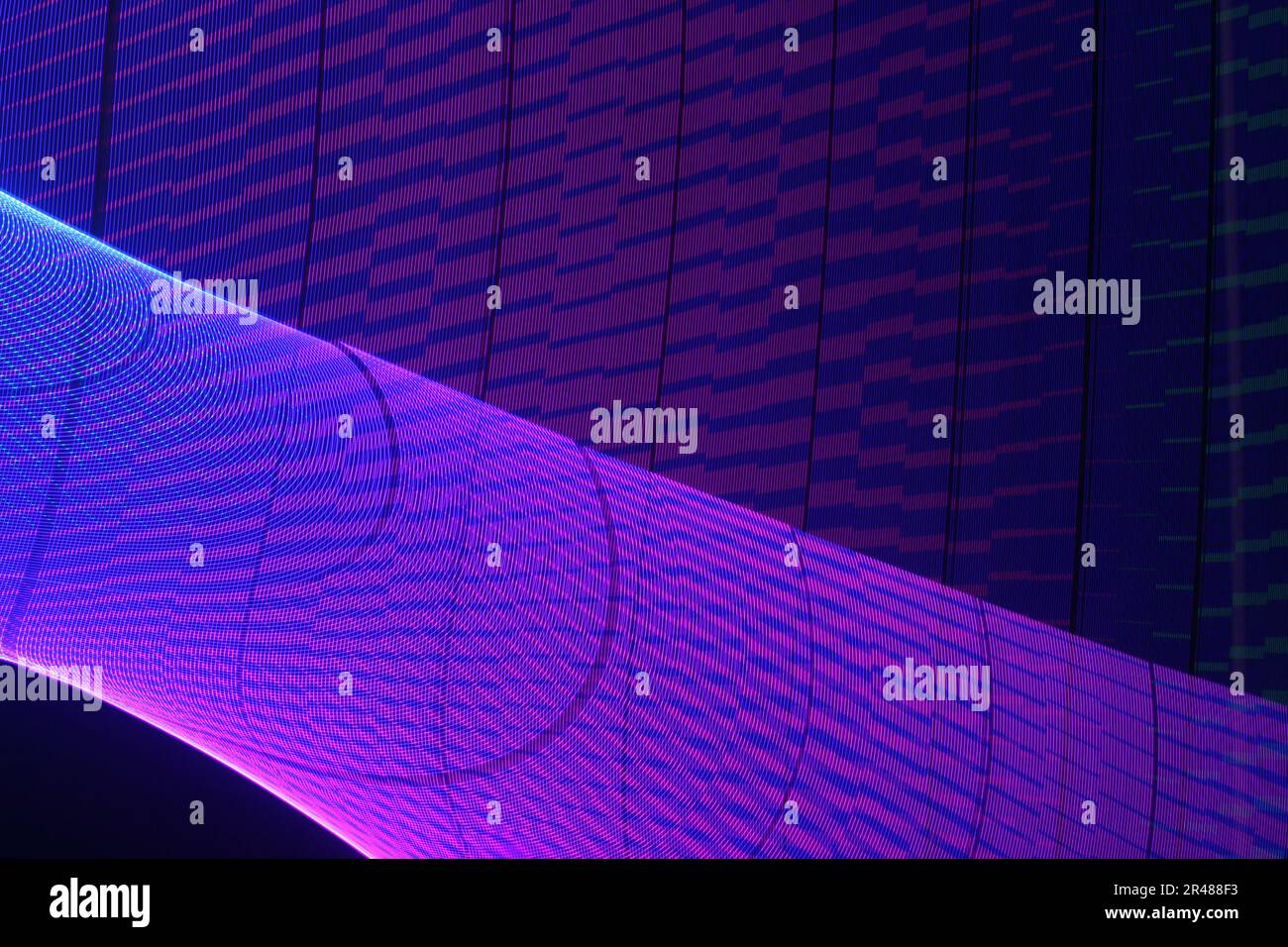 A large display featuring a pattern of purple and blue lights radiating ...