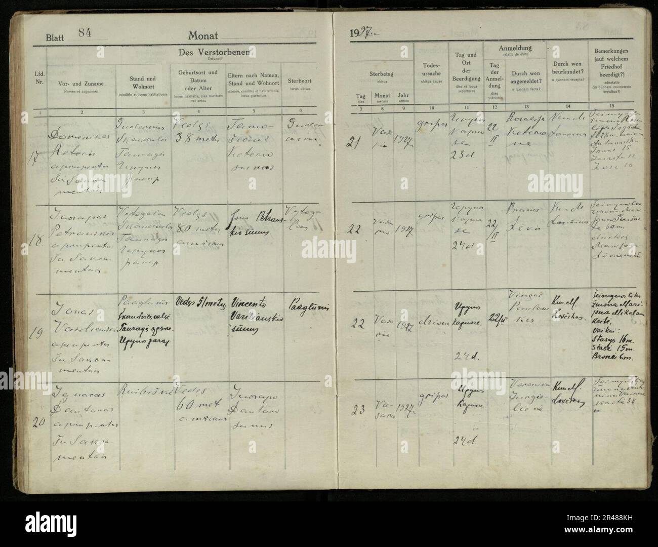 Upynos RKB 1917-1940 mirties metrikų knyga 086 Stock Photo - Alamy