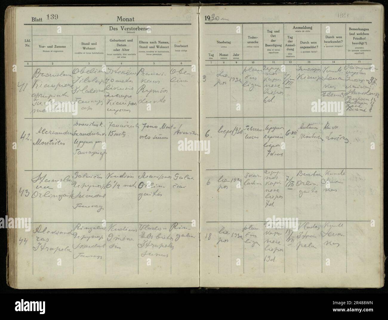 Upynos RKB 1917-1940 mirties metrikų knyga 142 Stock Photo - Alamy