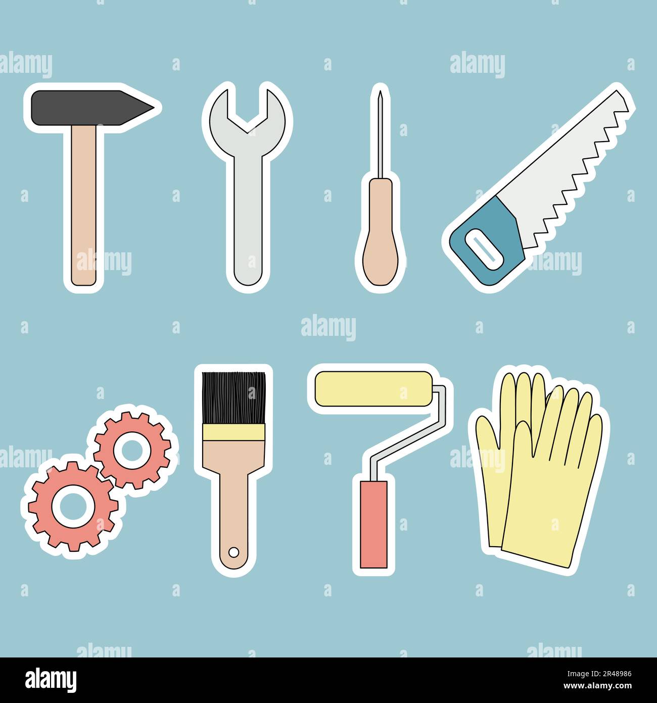 Stickers with building and repair tools set, doodle style vector ...