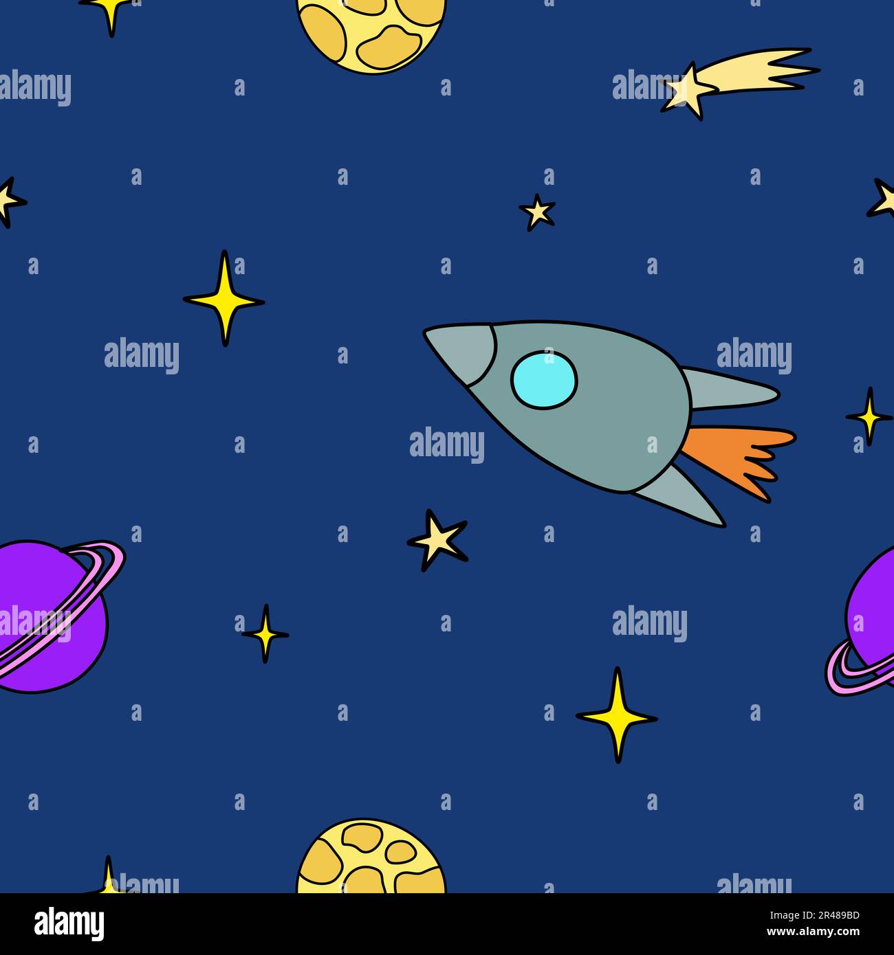 Space with stars, planets and rocket, seamless pattern, doodle style ...