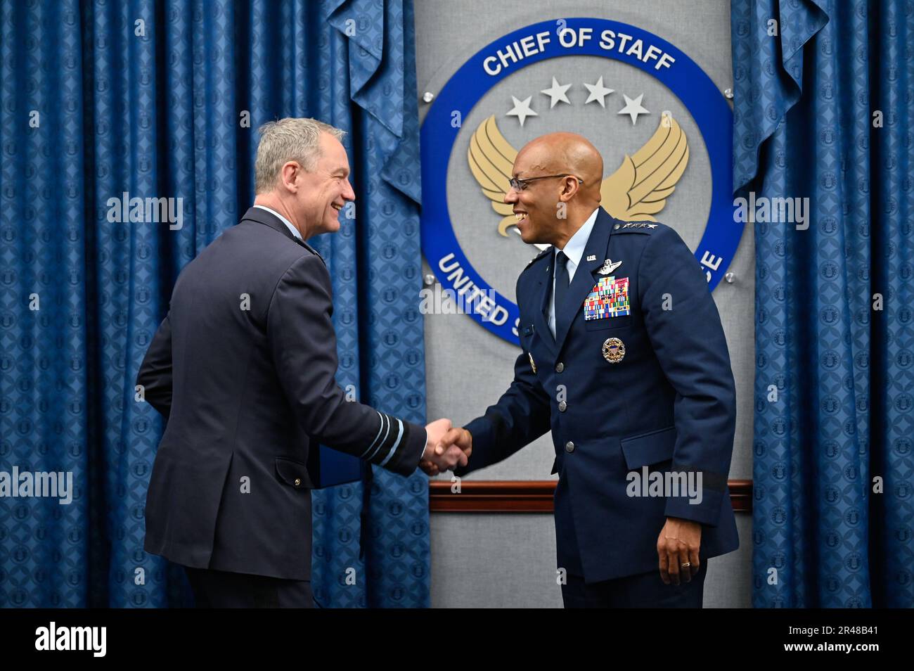 Air Force Chief of Staff Gen. CQ Brown, Jr. speaks with Lt. Gen. Dennis ...