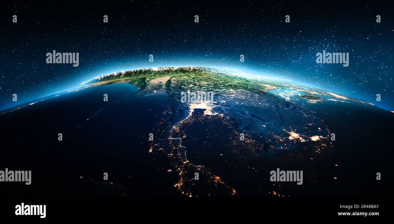 South-East Asia at night. Elements of this image furnished by NASA. 3d ...