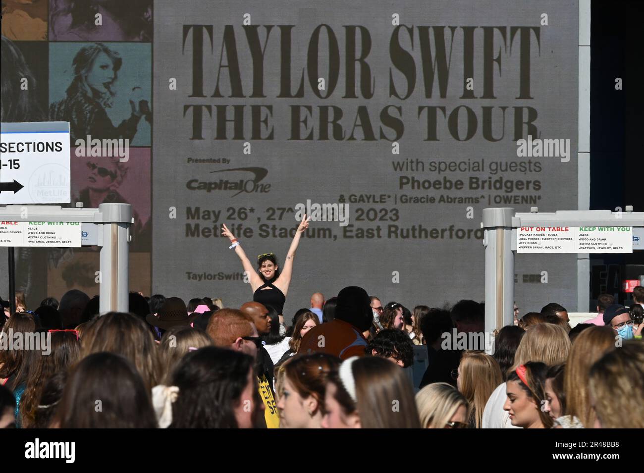 East Rutherford, USA. 26th May, 2023. A fan reacts as she arrives to ...