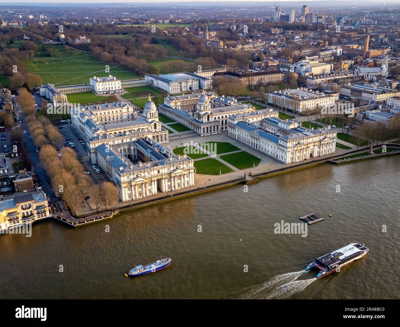 An aerial view of the Old Royal Naval College of the Maritime Greenwich ...