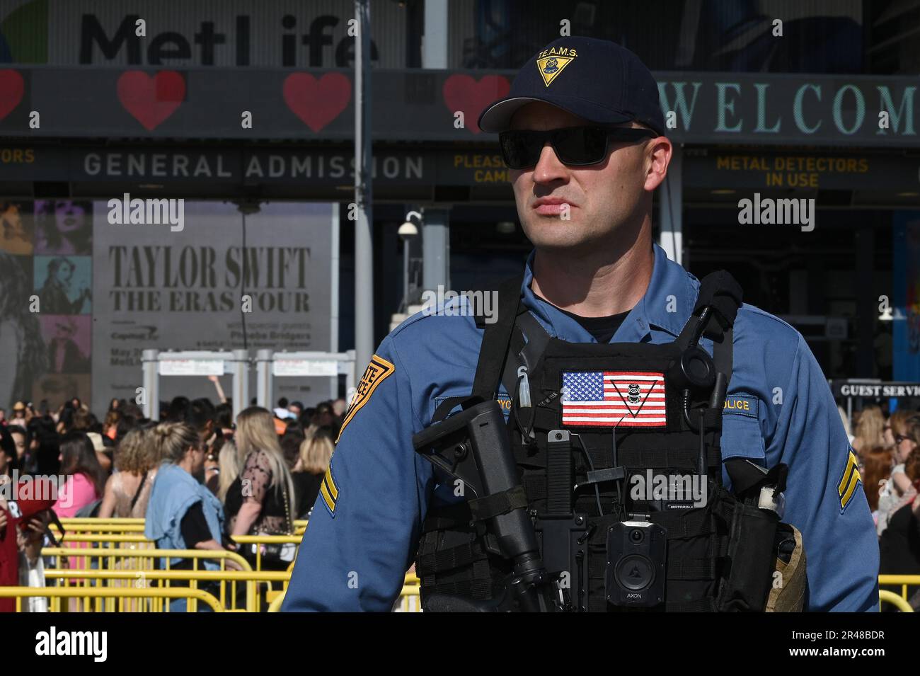 East Rutherford, USA. 26th May, 2023. A New Jersey State Trooper looks ...