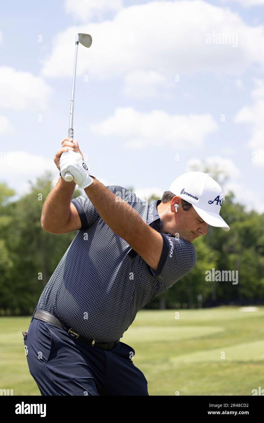 Patrick Reed of 4Aces GC plays a shot on the driving range during the ...