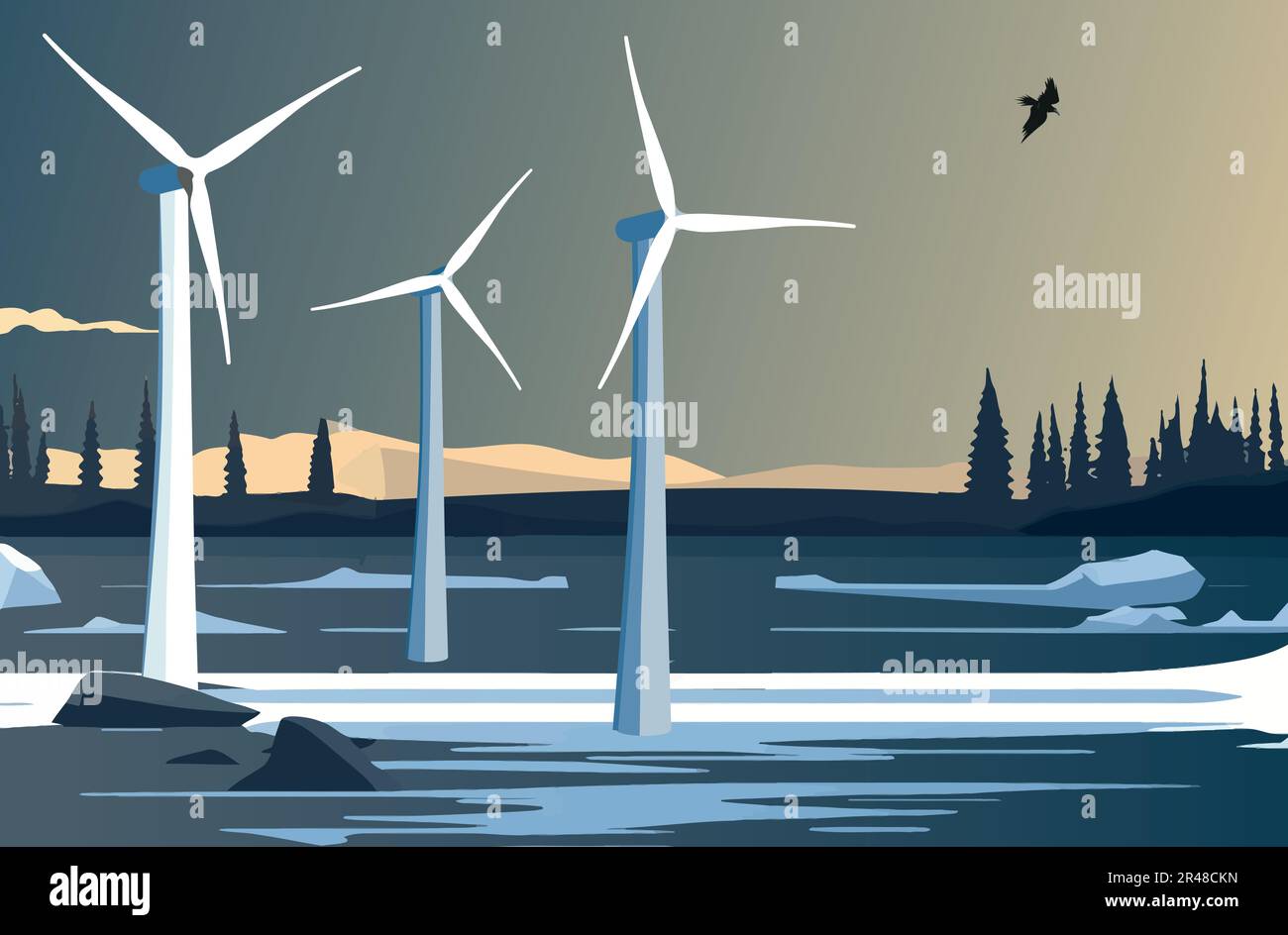 Snow covered landscape with wind turbines in the foreground and ...