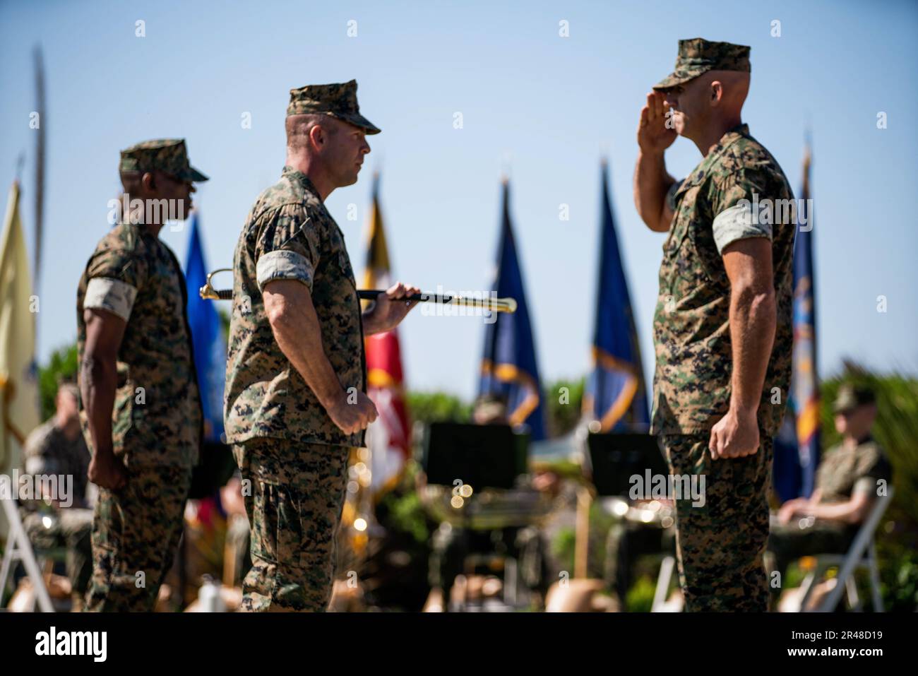 U.S. Marine Corps Sgt. Maj. John Schlaud, right, the incoming sergeant ...