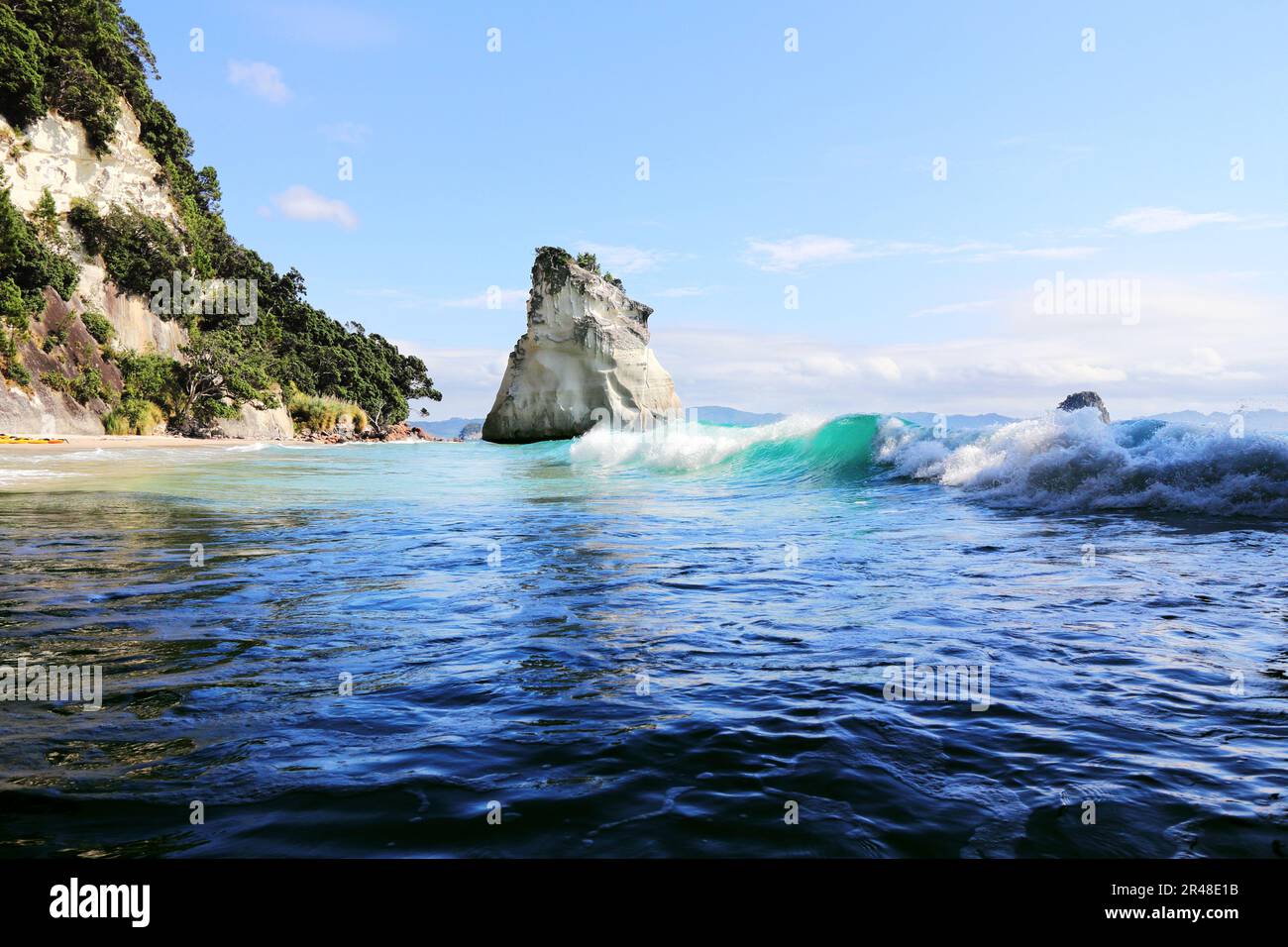 A picturesque view of Cathedral Cove, a popular tourist destination ...