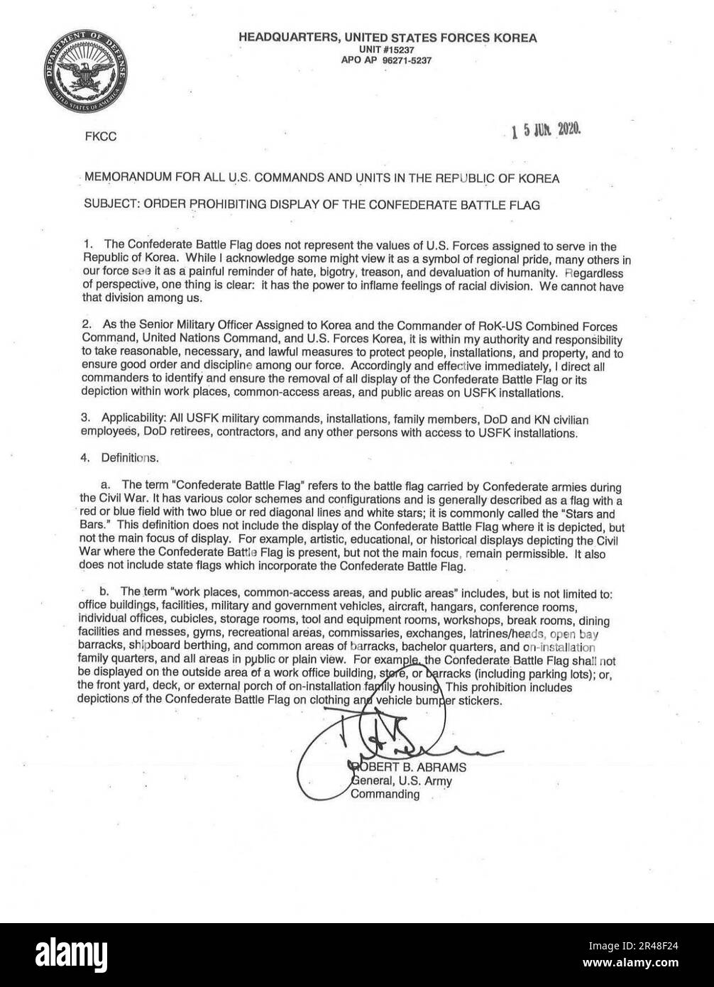 US Forces Korea memo on Confederate Battle Flag ban on 15 June 2020 ...