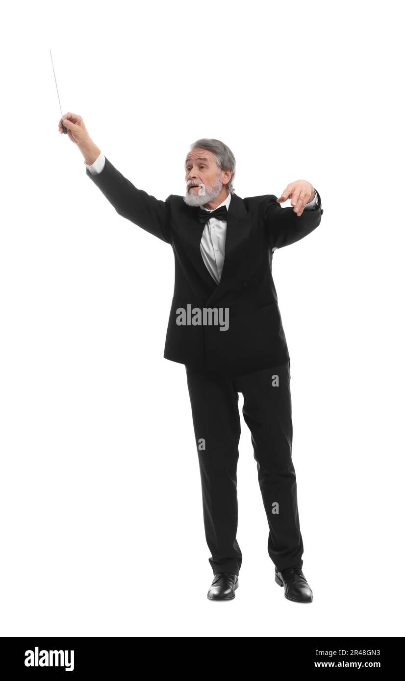 Professional conductor with baton on white background Stock Photo - Alamy