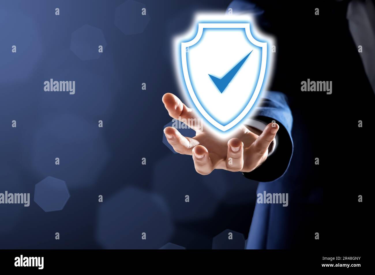 Anti-fraud security system. Man with illustration of checkmark in ... Anti-fraud security system. Man with illustration of checkmark in ...