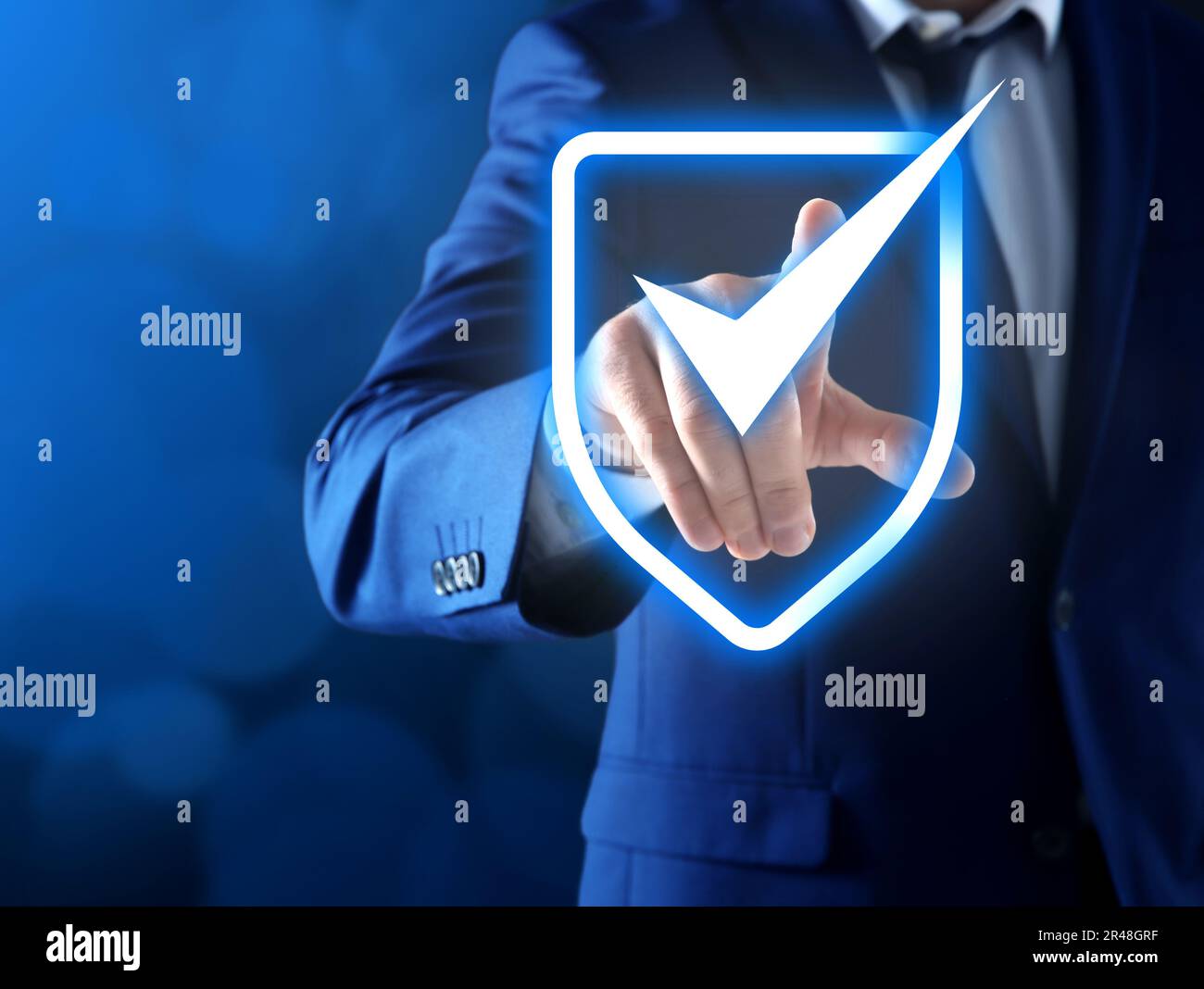 Anti-fraud security system. Man pointing at illustration of checkmark ...