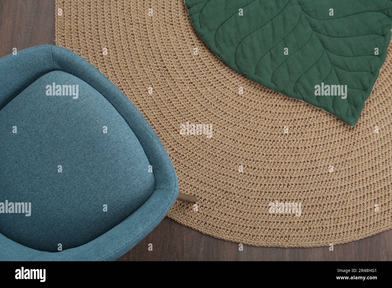 Stylish light blue chair on floor, top view. Space for text Stock Photo ...