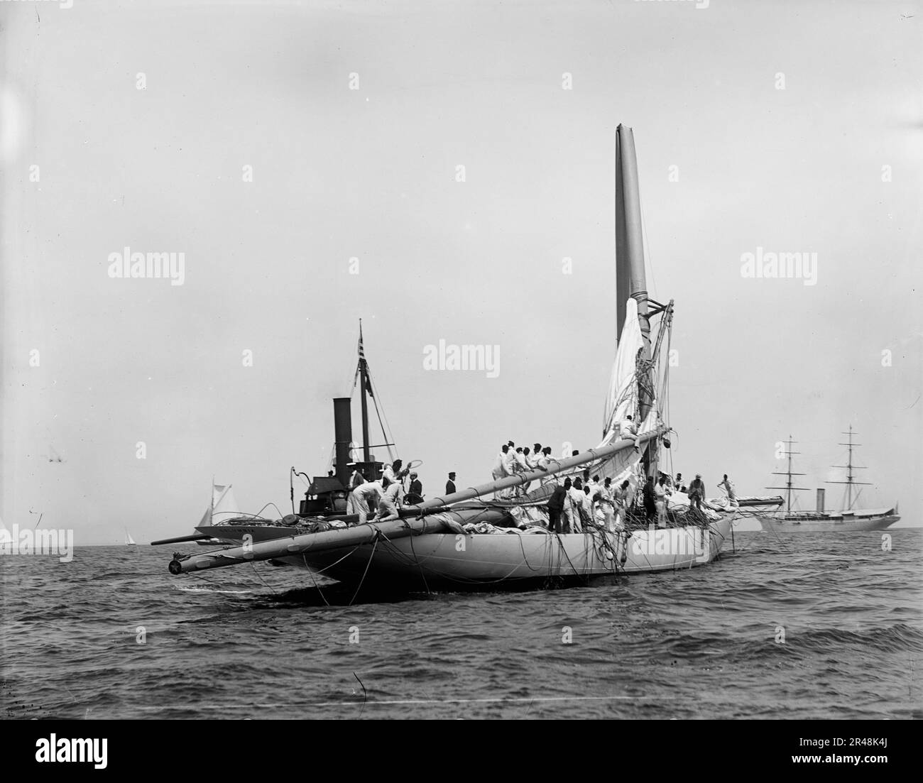 Columbia, 1899 Aug 2, c1899. Columbia with a broken mast. She was an ...