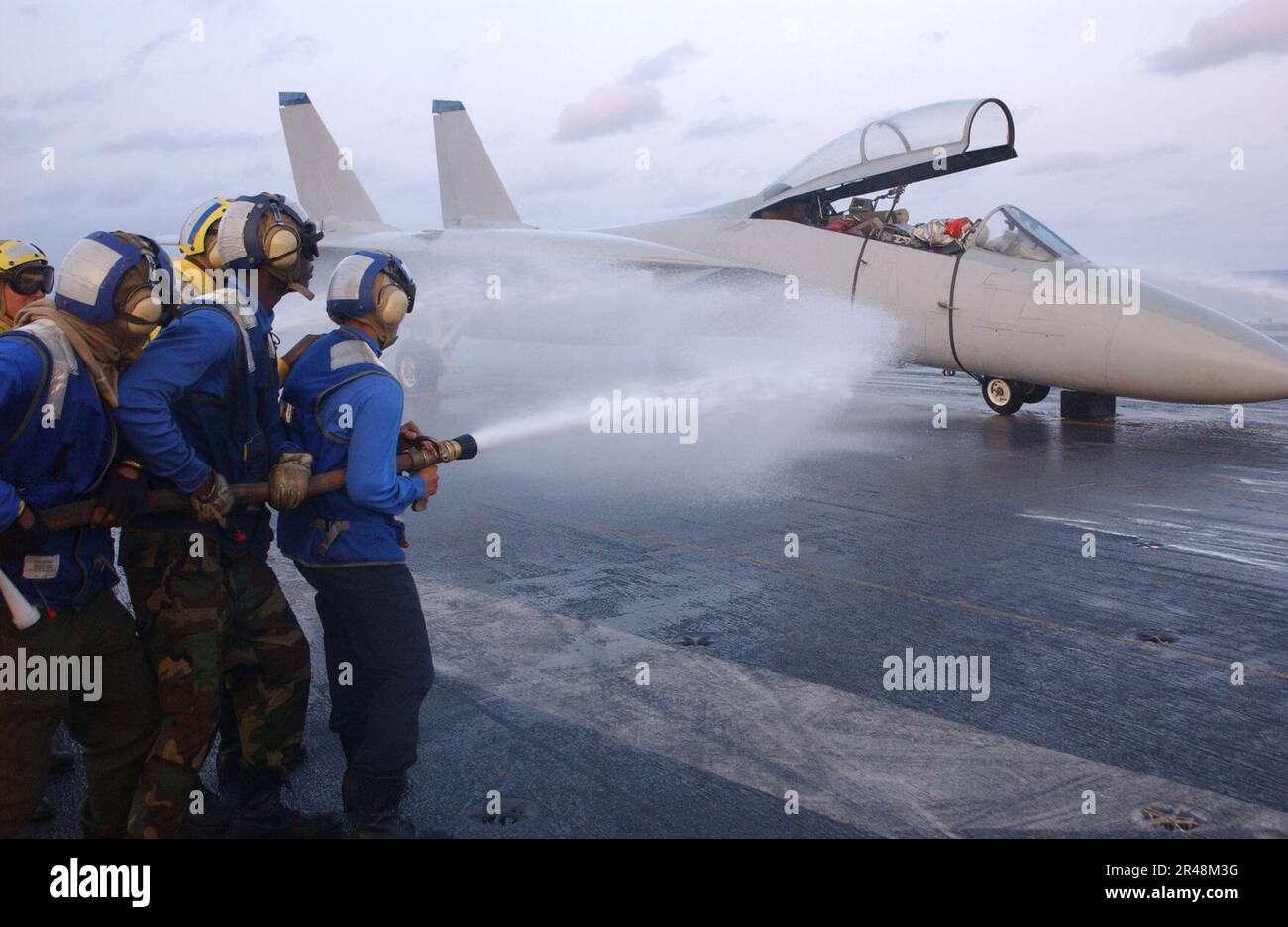 US Navy Firefighting drill on USS Harry S. Truman flight deck Stock ...