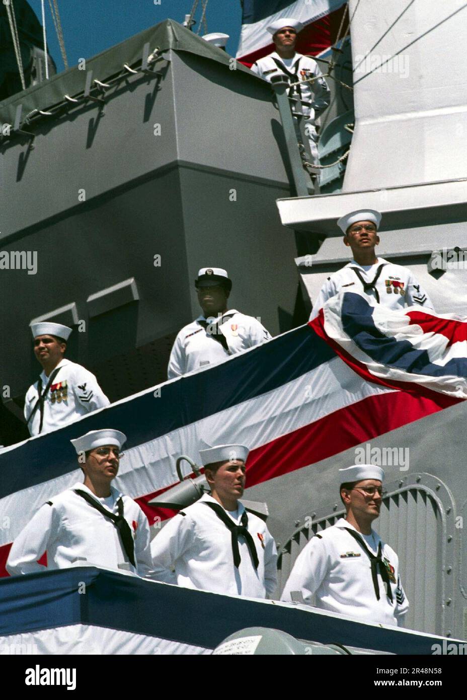 US Navy Sailors 'man the rails' aboard USS Shoup Stock Photo - Alamy