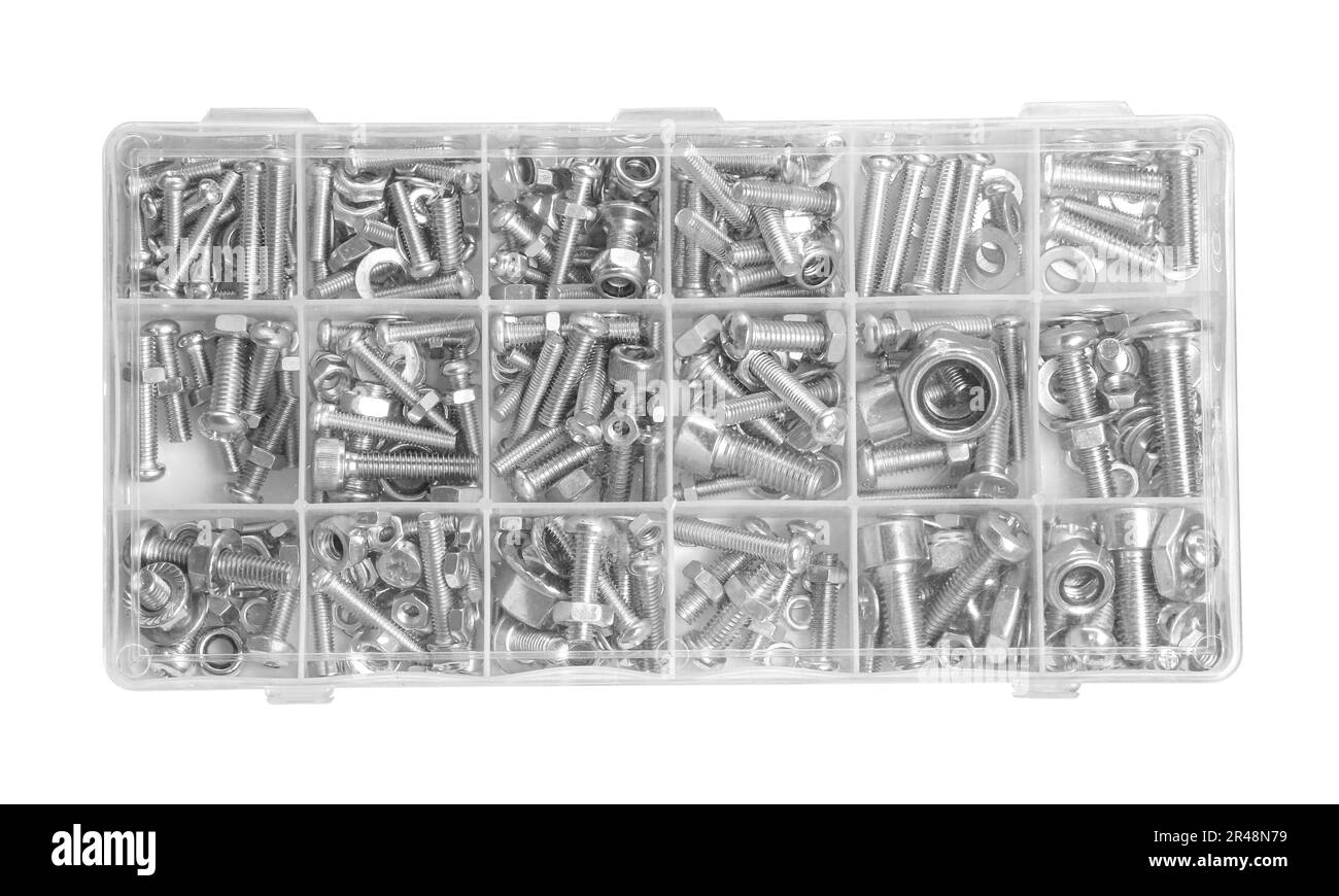 Plastic box with different bolts and nuts isolated on white, top view ...