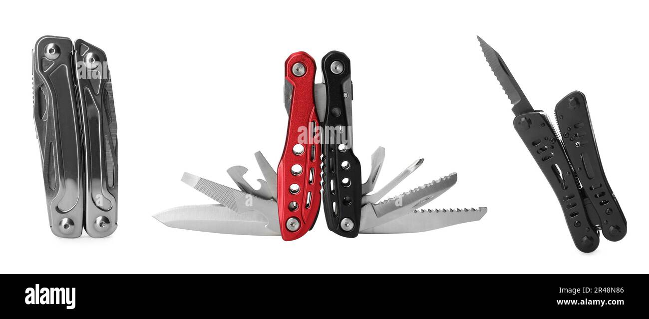 Set with different portable multitools on white background. Banner ...