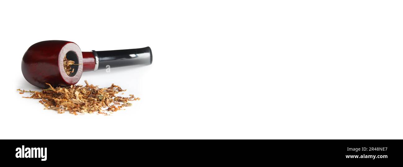Classic smoking pipe with tobacco on white background. Banner design ...