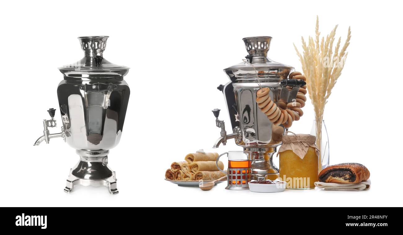 Traditional Russian samovars and treats on white background, collage ...