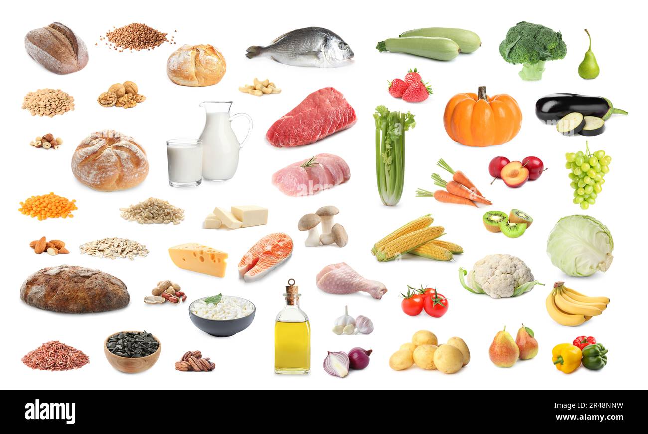 Healthy diet. Set with many different products on white background ...