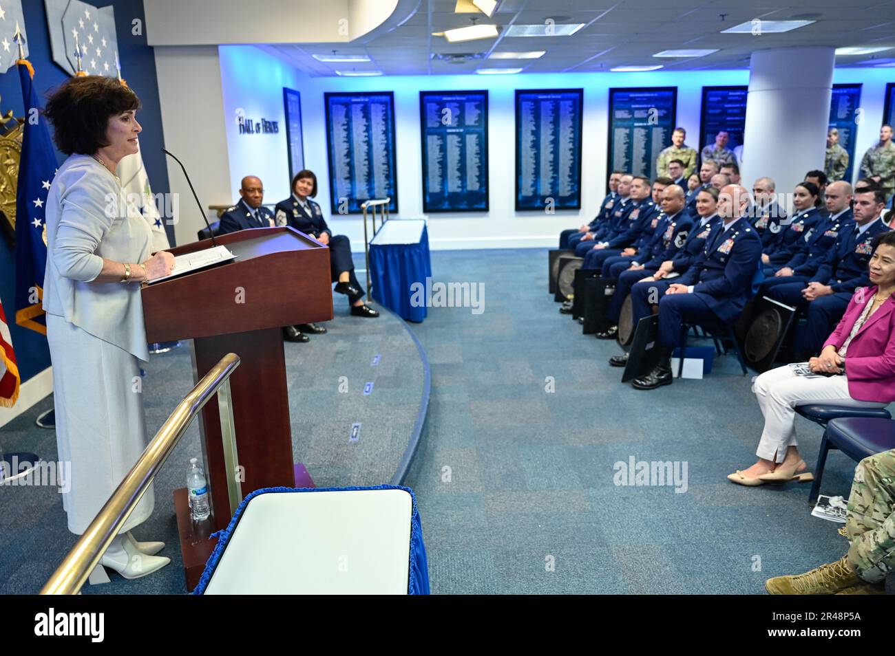Janine Sijan speaks during a ceremony for the 2019 to 2022 Lance P ...