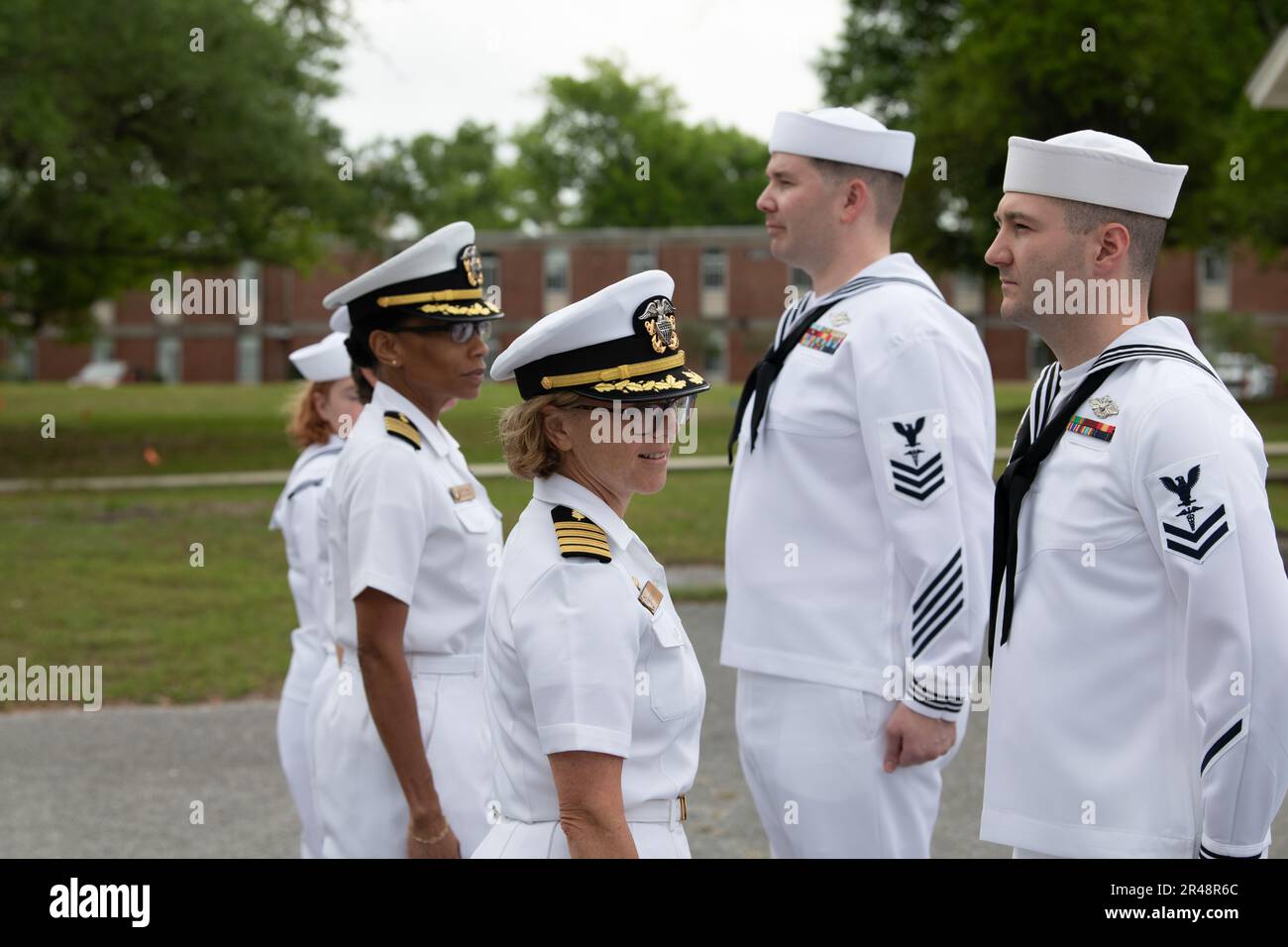 Command leadership conducts a dress whites uniform inspection, Apr. 07 ...